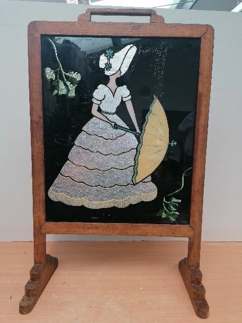 VINTAGE REVERSE PAINTING Glass Tinsel Foil Victorian Lady - Wooden ...