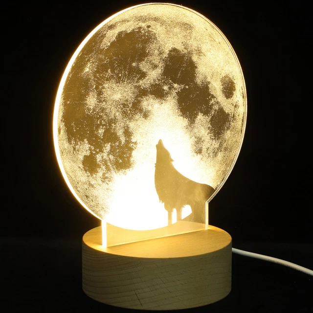 3D WOLF NIGHT Light LED Wooden Base Table Lamp USB Decorative Lights ...