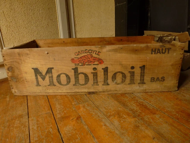 ANCIENNE CAISSE BOIS mobiloil gargoyle,bidon huile EUR 85,00 - PicClick FR