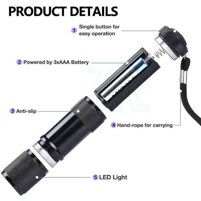 9 LED MINI Aluminum UV Ultra Violet-Flashlight Blacklight Torch Light ...