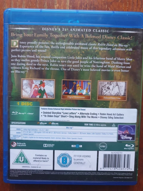 ROBIN HOOD BLU Ray REG FREE DISNEY'S 21ST ANIMATED CLASSIC 83mins 1973 ...