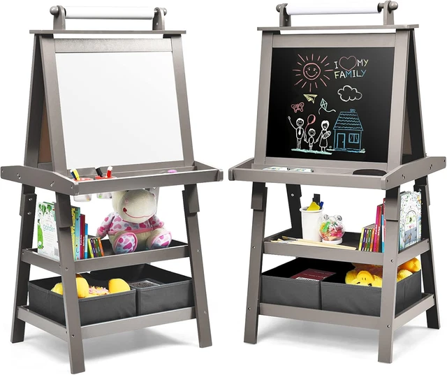 KIDS DOUBLE-SIDED DRAWING Easel Board W/Magnetic Chalkboard, Dry Erase ...