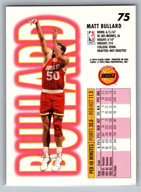 1993 FLEER #75 Matt Bullard Basketball Houston Rockets EUR 1,98 ...