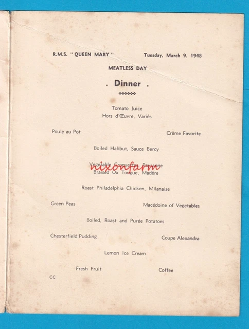 ORIGINAL CUNARD LINE R.M.S QUEEN MARY Dinner MENU MEATLESS DAY EUR 2,33 ...