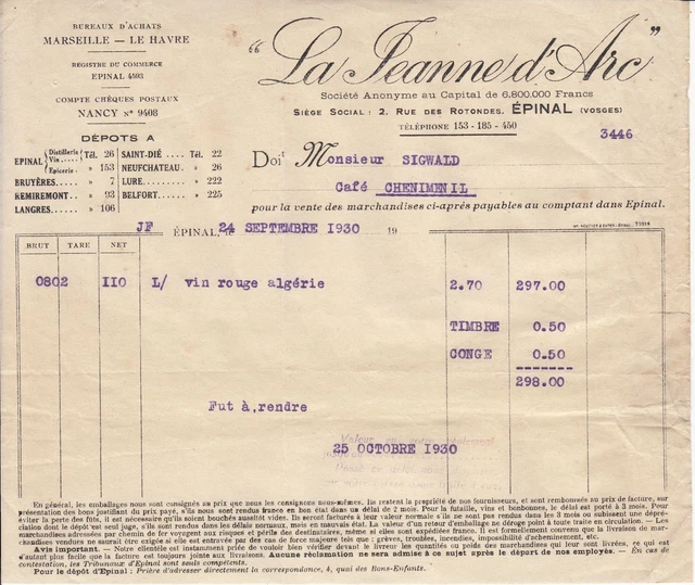 FACTURE ANCIENNE LA Jeanne d'Arc à Epinal 1930 old french invoice bill ...