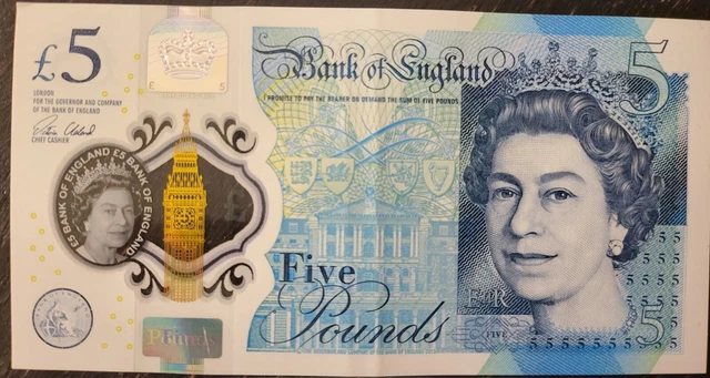 BANCONOTA DA 5 Pounds/sterline Regina Elisabetta/CHURCHILL Nuova Fds ...