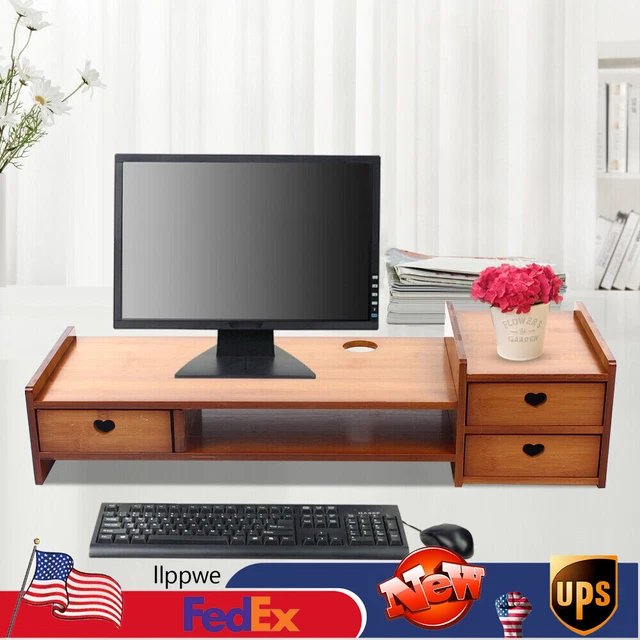 BAMBOO MONITOR STAND Riser with Storage Drawer Desk Laptop Organizer ...