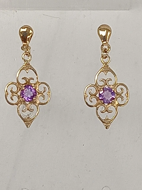 9CT YELLOW GOLD Drop Stud Earrings With Amethyst Gemstones Filigree ...