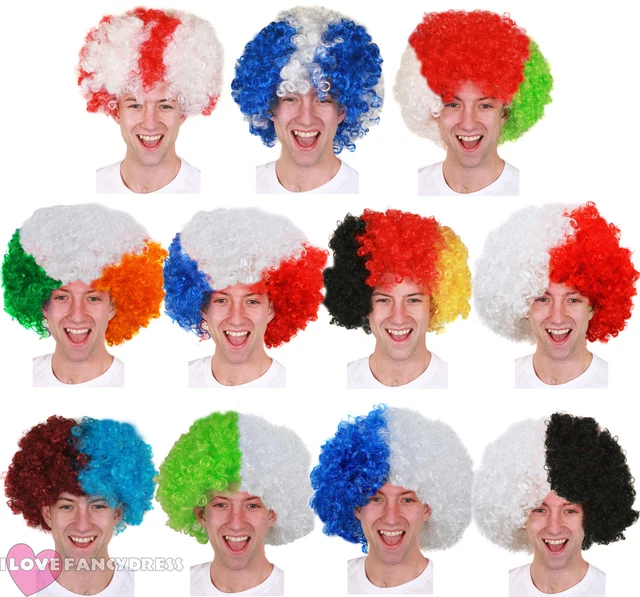 SUPPORTERS AFRO WIG Euro Football Rugby Sports Event Fancy Dress ...