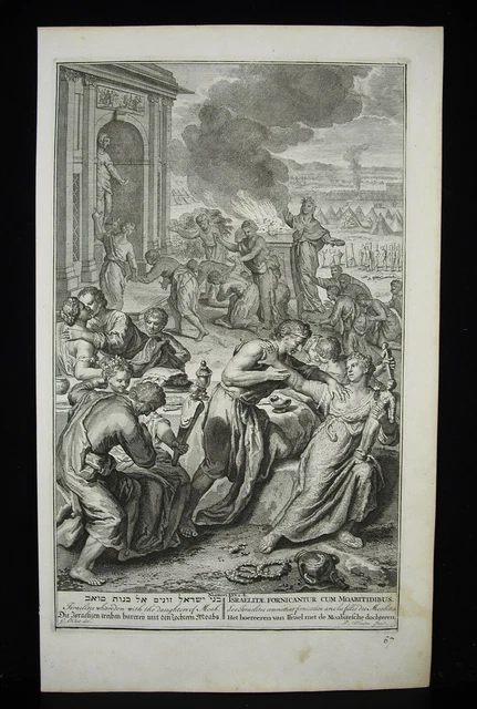 ANTIQUE BIBLICAL ETCHING Israélites forniques avec Moabites SLUYTER ...