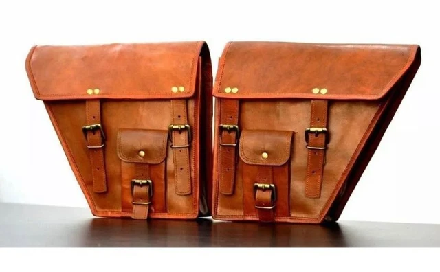 LEATHER SADDLEBAGS GENUINE Leather Saddle Pannier Bag Sportsters Bike ...