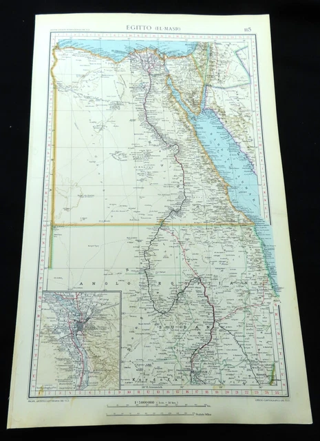 1929 ANTIQUE ITALIAN Map of Egypt Sinai Red Sea Alexandria Cairo Anglo ...