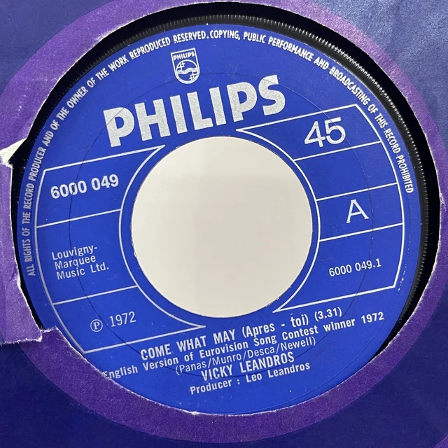 VICKY LEANDROS COME What May 1972 Eurovision Winner 7" Vinyl Single ...