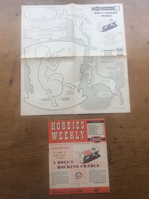 1958 HOBBIES WEEKLY Magazine Fold out Plan Design to make Dolls Rocking ...