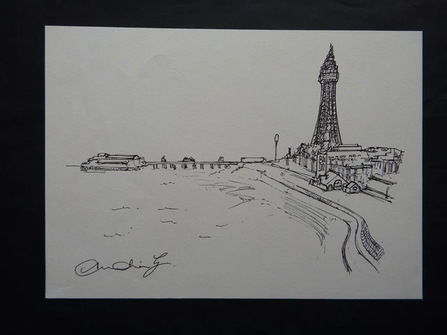ORIGINAL PEN & ink drawing architecture sketch of Blackpool beach ...