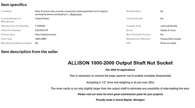 ALLISON 1000-2000 TRANSMISSION Output Shaft Nut Socket Tool 2000-10 T ...