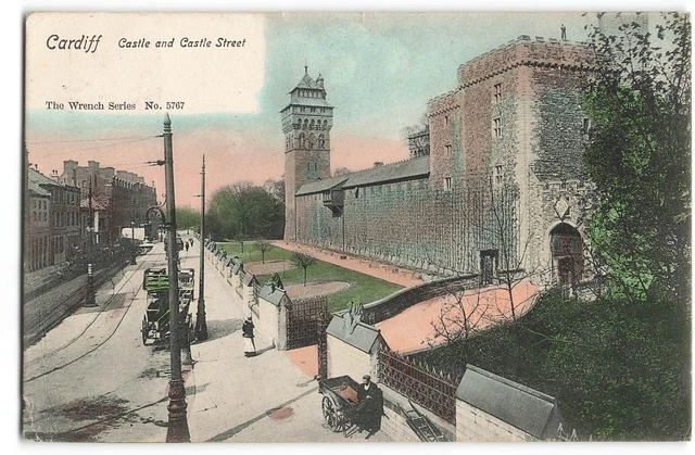 CARDIFF CASTLE STREET horse cart tram elevated view 1905 postcard £4.95 ...