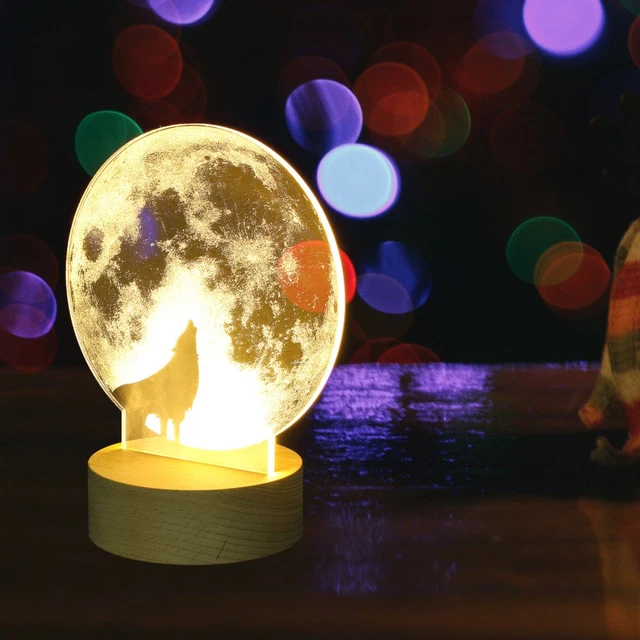 3D WOLF NIGHT Light LED Wooden Base Table Lamp USB Decorative Lights ...