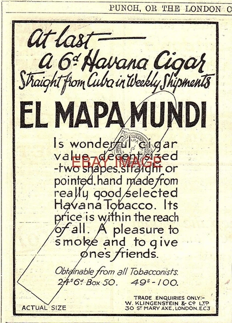 ADVERT FOR EL MAPA MUNDI Havana Cuban Cigars 1923 Small Tobacco Print ...