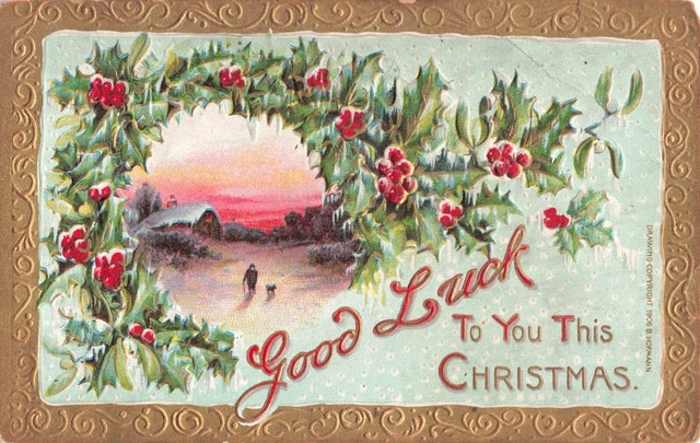 GOOD LUCK CHRISTMAS, Holly Ivy Gold, Embossed, Vintage Postcard EUR 5 ...