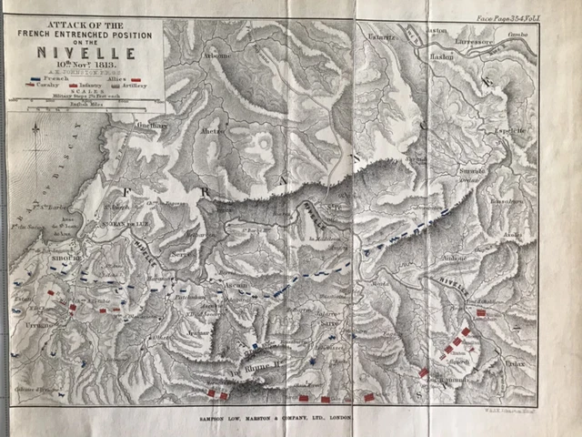 BATTLE OF NIVELLE 1813 Antique War Map c1900 Infantry Artillery Cavalry ...
