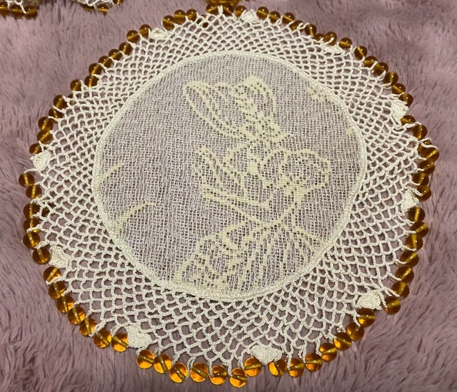 GORGEOUS ANTIQUE CRINOLINE Lady Filet Crochet Milk Jug Doily/Amber ...