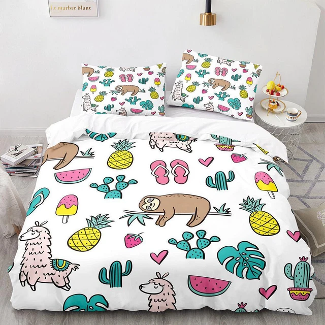 CARTOON SLOTH ALPACA Fruits Quilt Duvet Cover Set Children Bedding ...