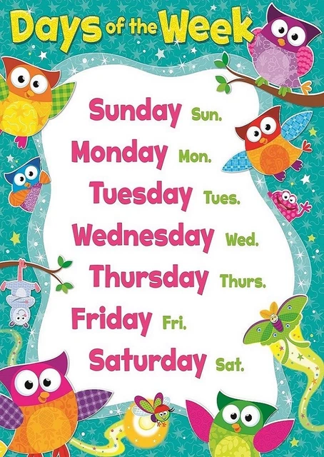 DAYS OF THE Week Children Kids Educational Poster Chart A4 Size School ...