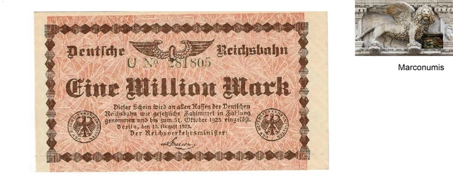 ONE MILLION MARKS German banknote issued in 1923 by Deutsche Reichsbahn ...