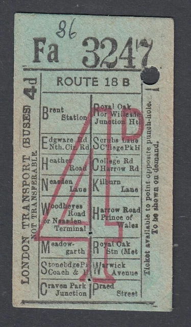OLD BUS TICKET London Transport Buses 4d Route 18B Brent Station Fading ...