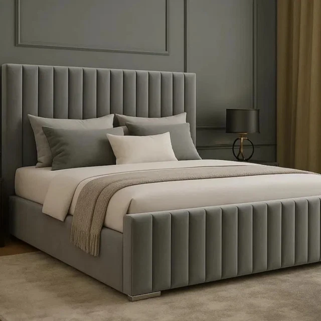NEW DOUBLE PANEL Bed Frame Plush Velvet Upholstered Gas Lift Storage ...