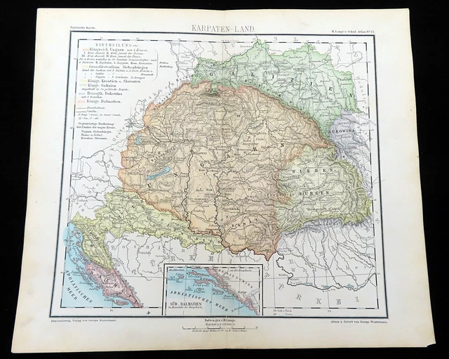 ANTIQUE MAP OF Carpathia The Carpathian Mountains Hungary Budapest ...
