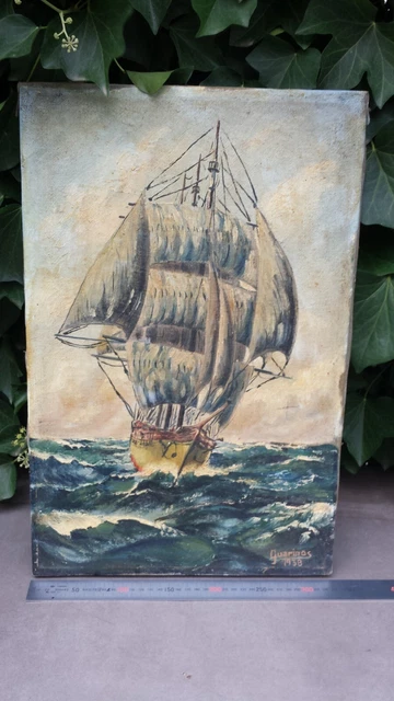 ANCIEN TABLEAU HUILE sur toile MARINE Voilier 3 mats signé GARINOS 1938 EUR 45,00 - PicClick FR