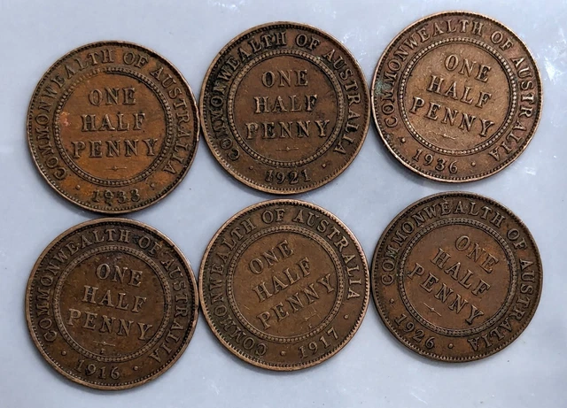 SIX OLD COMMONWEALTH OF AUSTRALIA King George V Half Penny Coin Lot ...