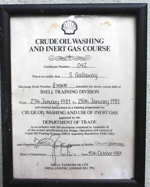1981 CERTIFICATE SHELL Tankers Crude Oil Washing/Inert Gas Course ...