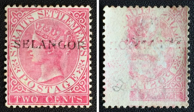 RARE BACK REVERSE PRINT 1887 SELANGOR opt STRAITS SETTLEMENTS QV 2c MLH ...