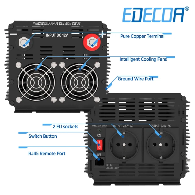 EDECOA 1500W CONVERTISSEUR 12V 220V Pure Sinus Onduleur Télécommande ET-RC EUR 210,88 - PicClick FR