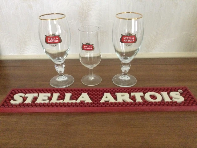 STELLA ARTOIS RED Rubber Bar Rail Drip Mat & 3 BEER Chalice Glasses $20 ...