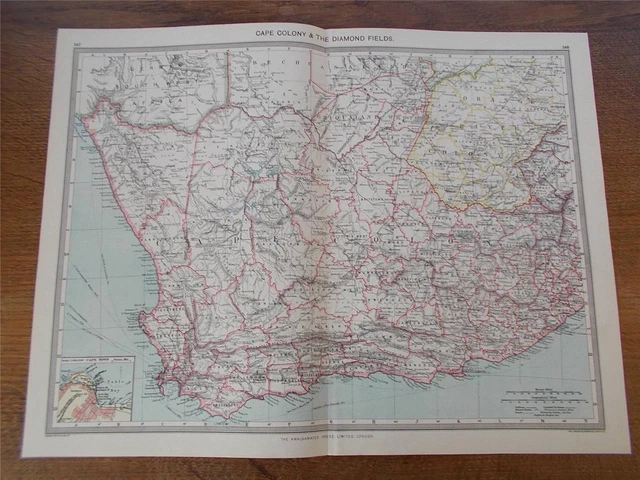 ANTIQUE C1904 COLOUR Map of CAPE COLONY & THE DIAMOND FIELDS AFRICA ...