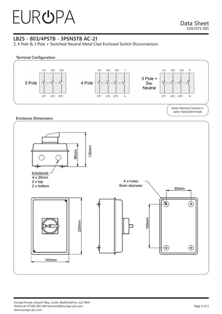 EUROPA 80A 3 Pole Metal Clad Enclosure IP54 - LB803PSTB £36.98 ...