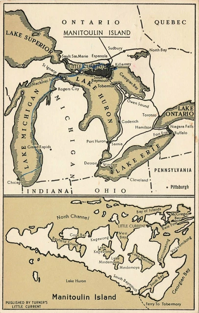 ONTARIO MANITOULIN ISLAND Map Postcard Showing The Great Lakes Canada ...