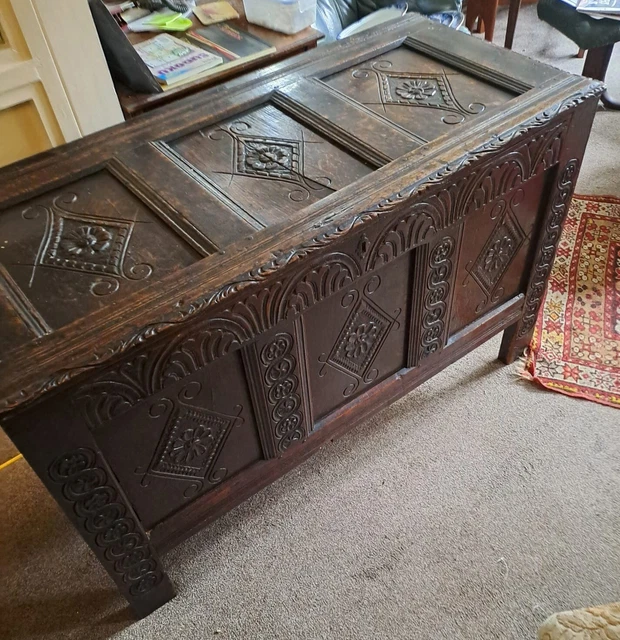 ANTIQUE HAND CARVED 17th Century Three Panel Oak Coffer Wooden Chest ...