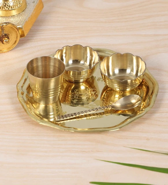 BRASS POOJA THALI Set | 5-Inch Golden Plate | Puja Ceremony Gift, 5 ...