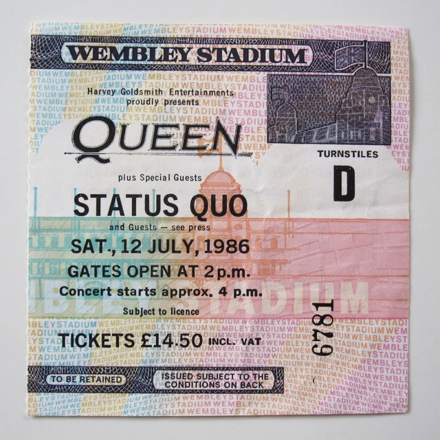 QUEEN WEMBLEY STADIUM 12th July 1986 Concert Ticket Stub Freddie ...