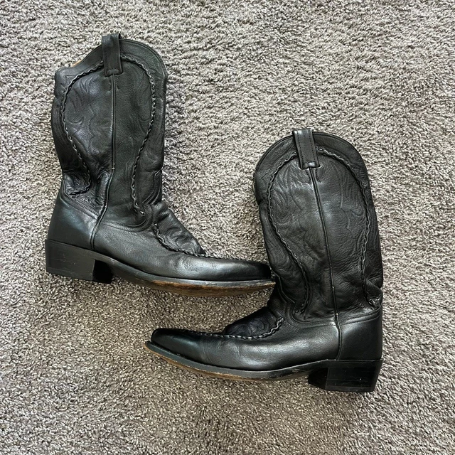 VINTAGE DAN POST Black Leather Western Cowboy Boots Pointed Toe Mens 10 ...