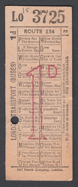 OLD TICKET LONDON Transport Buses Bus 1d Route 134 Potters Bar The ...