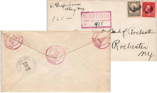 NEW YORK HOLLEY Registered 1925 violet double ring 2c Washington and ...