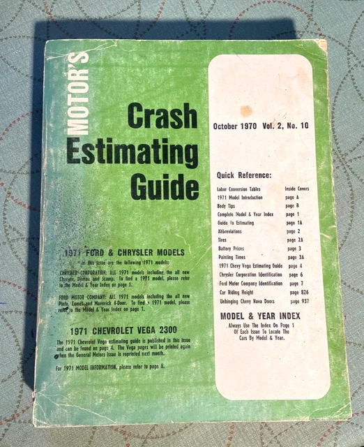 1970 MOTOR CRASH Estimating Guide Heavily Illustrated With Car Parts ...