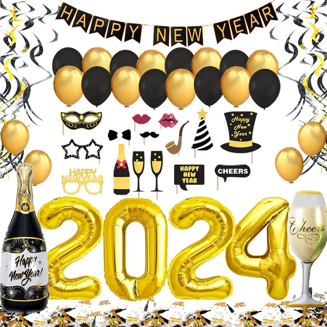 DECORAZIONI CAPODANNO 2024 Happy New Year, 2024 Gigante + Palloncini Nero Oro... EUR 16,99 ...