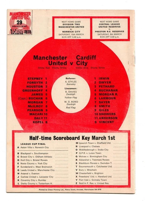 MANCHESTER UNITED V Cardiff City - 1974-75 Division Two - Football ...